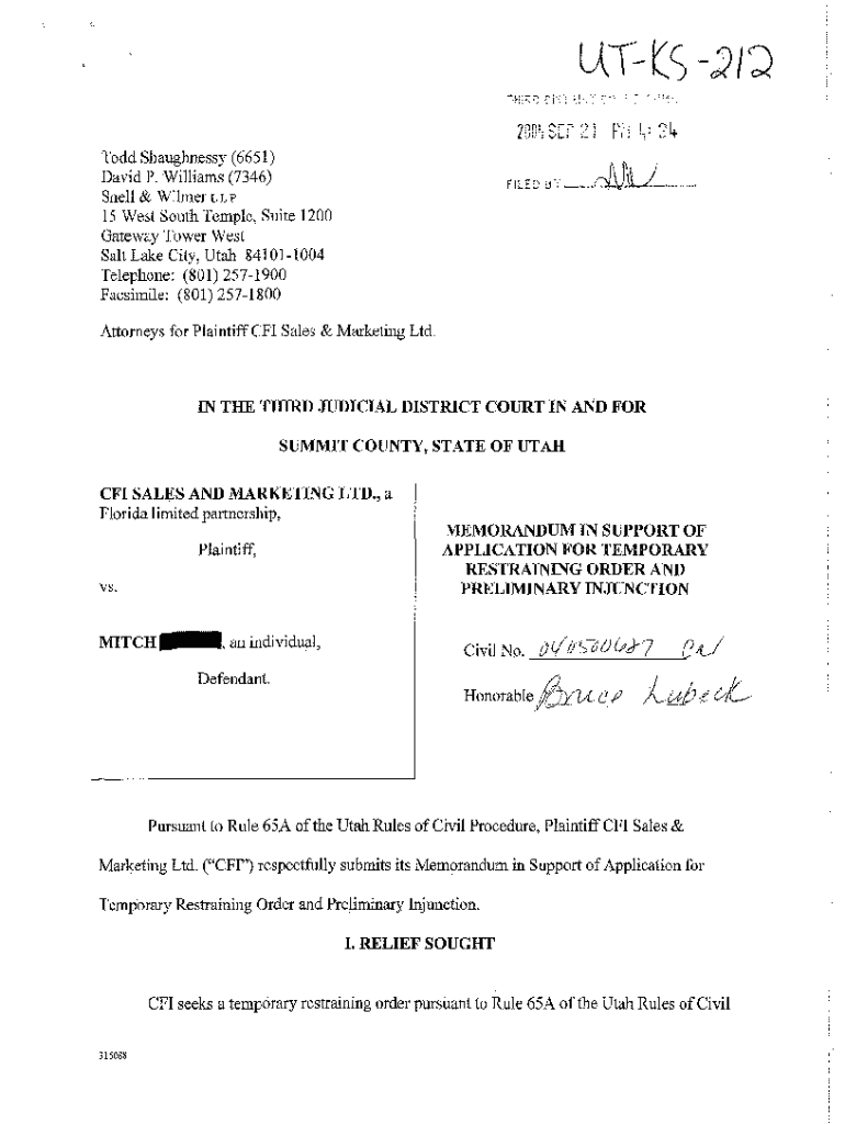 Fillable Online A04 Memorandum in Support of Application for Temporary Restraining Order and ...