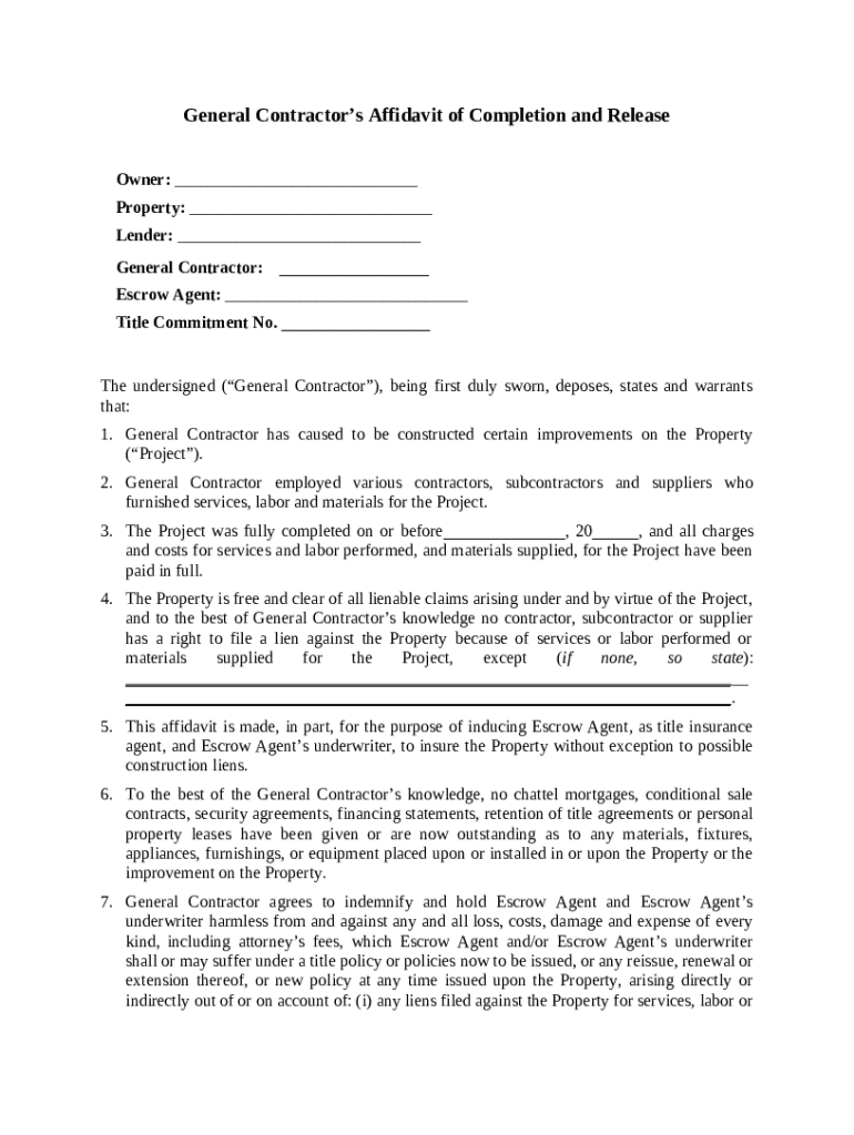 General Contractor's Affidavit of Completion and Release Doc Template | pdfFiller