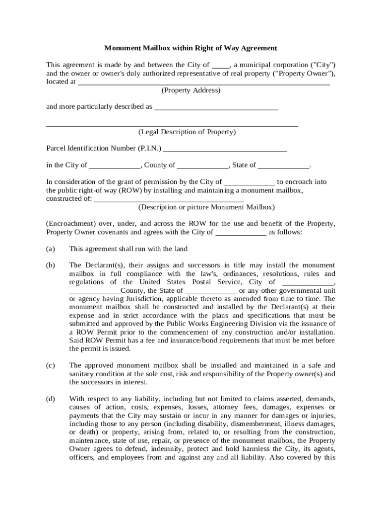 Monument Mailbox Right of Way Agreement - Blank Fillable Template ...