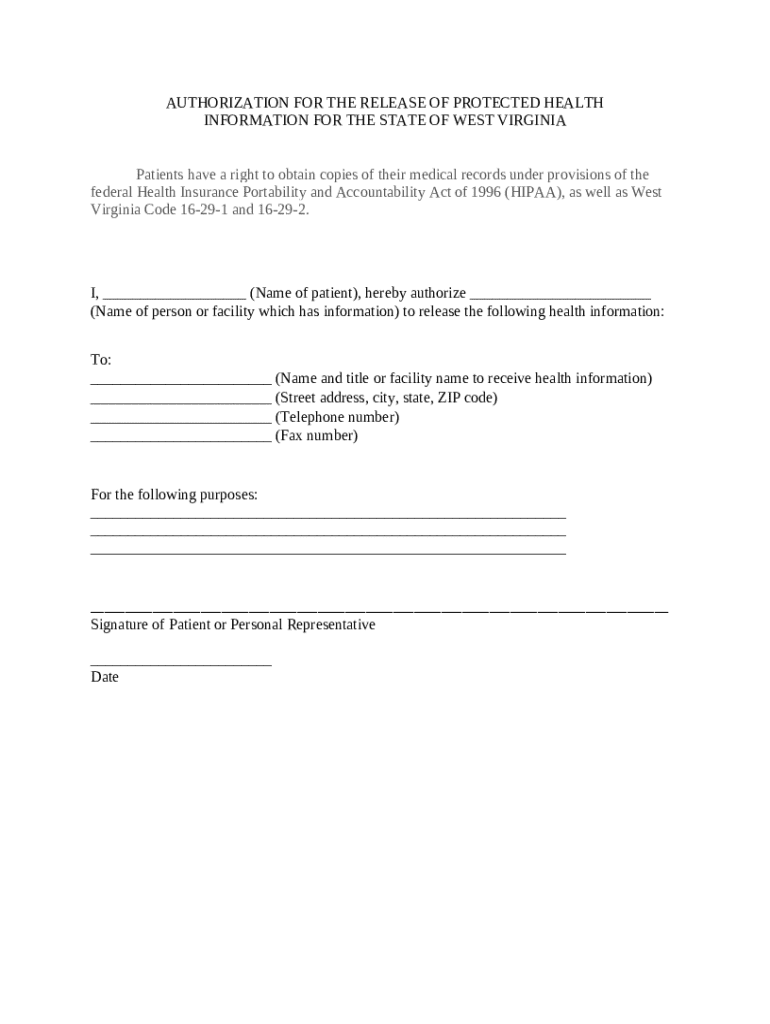 West Virginia Release and Authorization Doc Template | pdfFiller