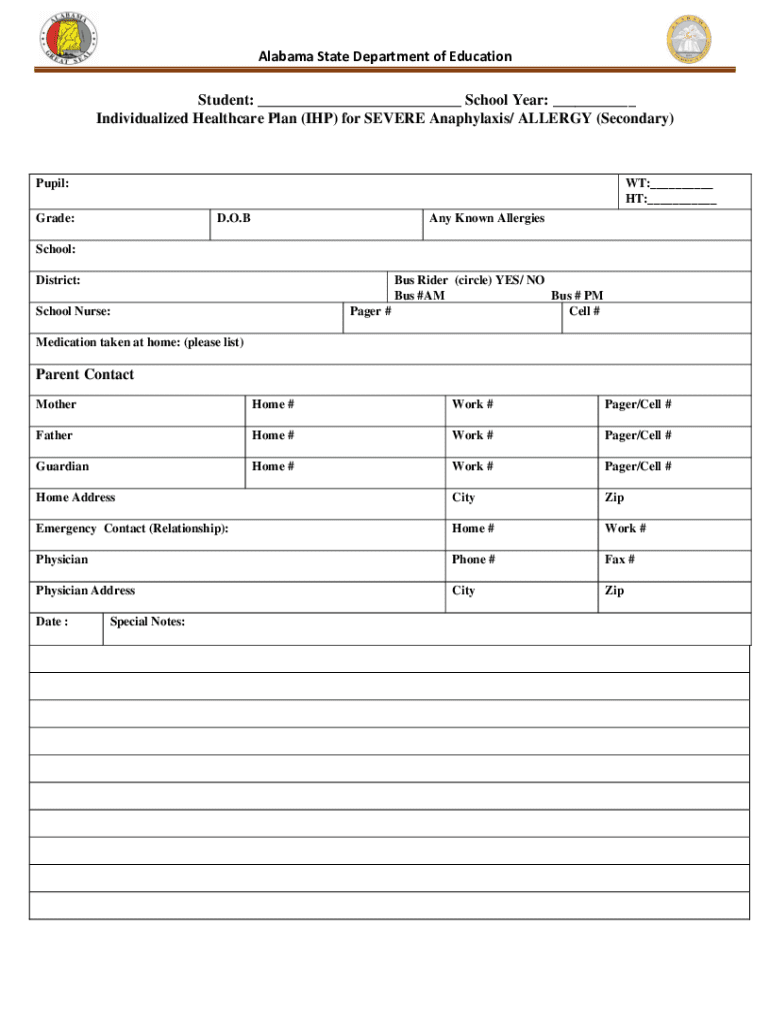 Fillable Online Individualized Healthcare Plan (ihp) for Severe ...