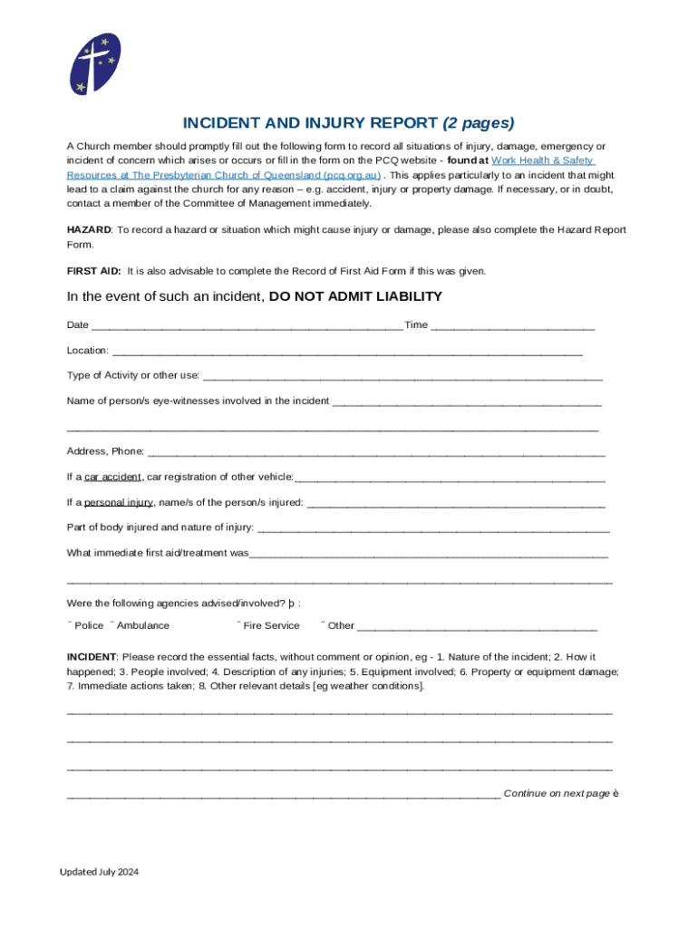 Incident and Injury Report Doc Template | pdfFiller