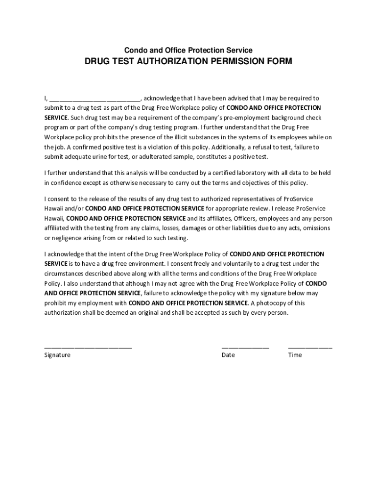 Fillable Online Drug Test Authorization Permission Form Fax Email Print ...