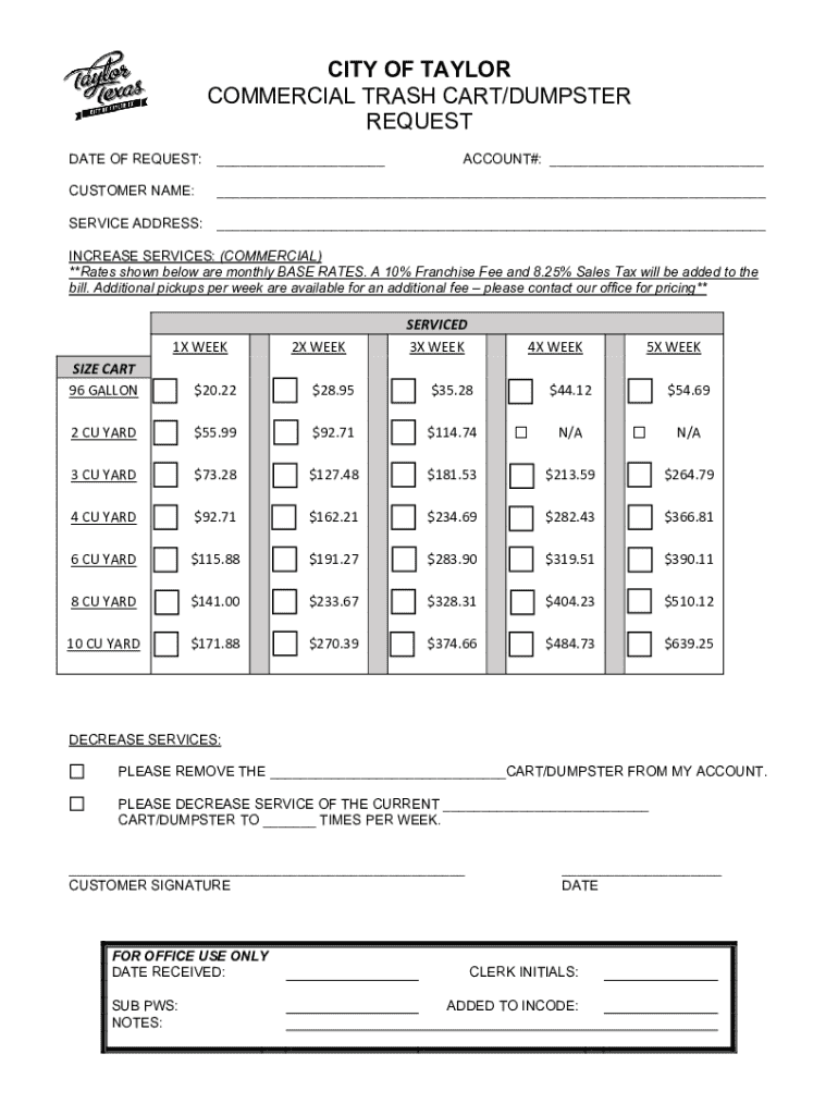 Fillable Online City of Taylor Commercial Trash Cart/dumpster Request ...
