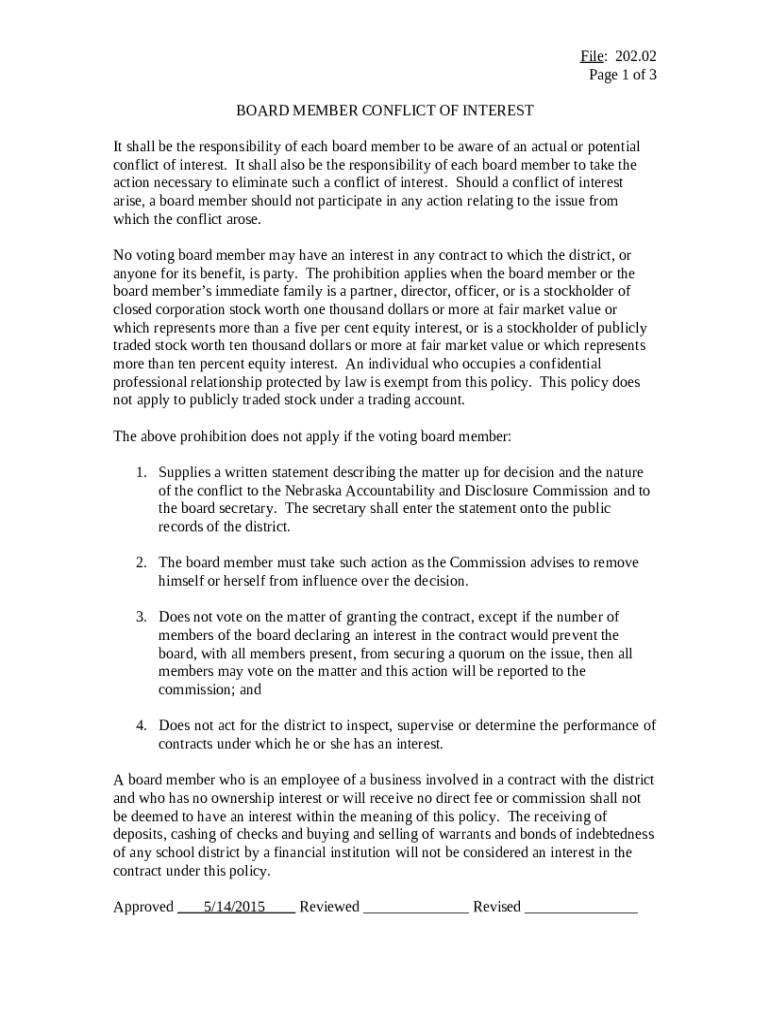 Board Member Conflict of Interest Doc Template | pdfFiller