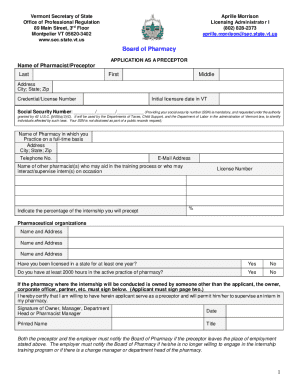 Fillable Online Vermont Board of Pharmacy Preceptor Application Fax ...