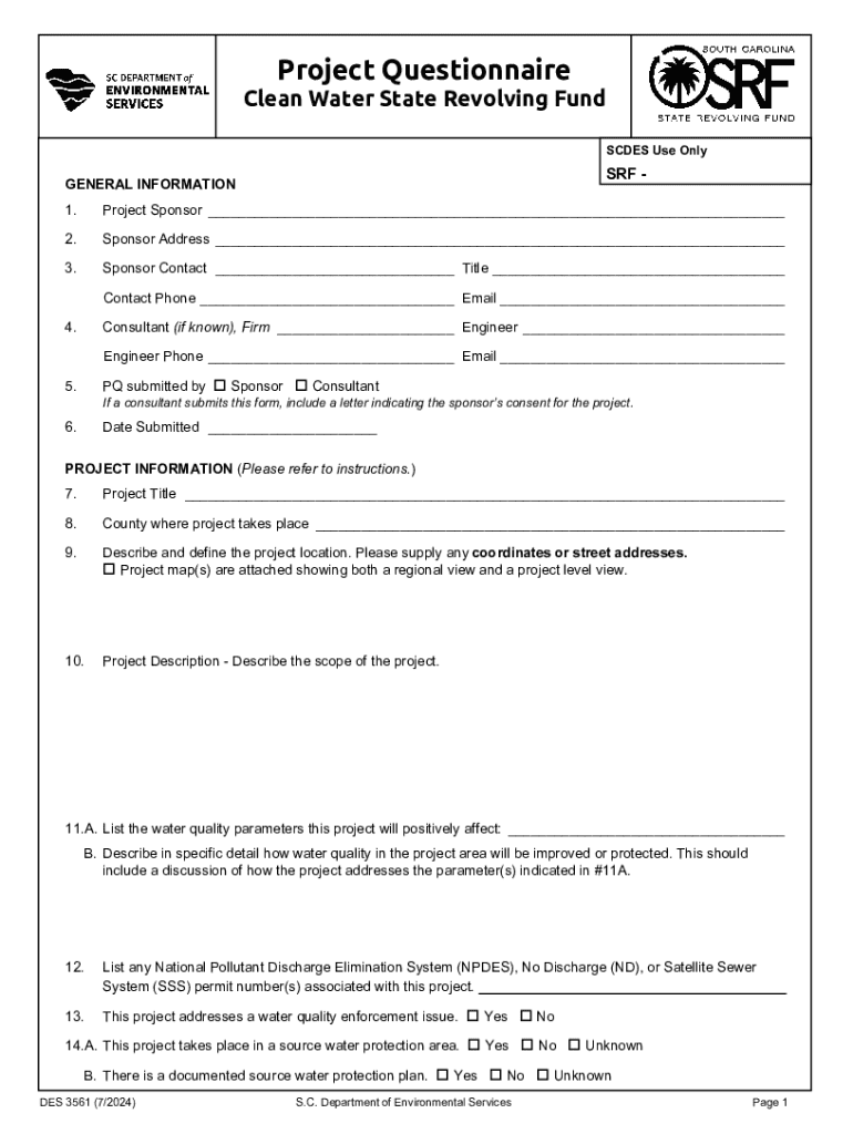 Fillable Online Clean Water State Revolving Fund Project Questionnaire ...