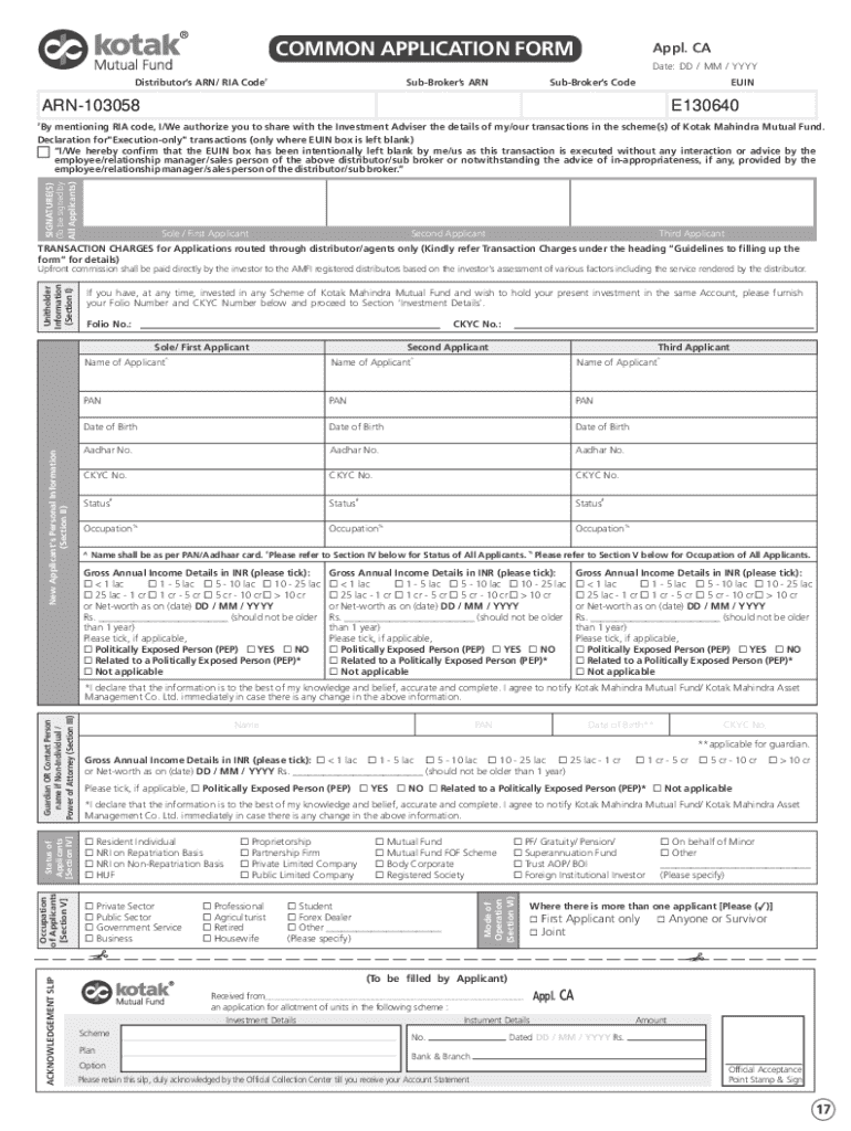 Fillable Online Common Application Form for Kotak Mahindra Mutual Fund Fax Email Print - pdfFiller