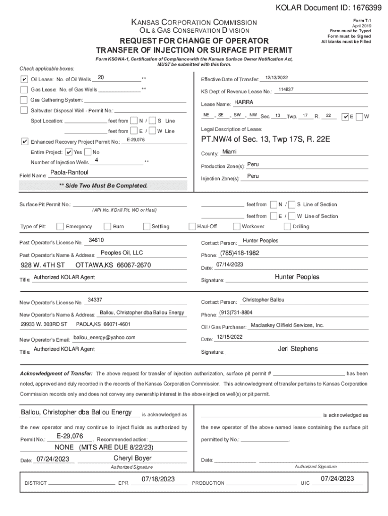 Fillable Online Request for Change of Operator Transfer of Injection or ...
