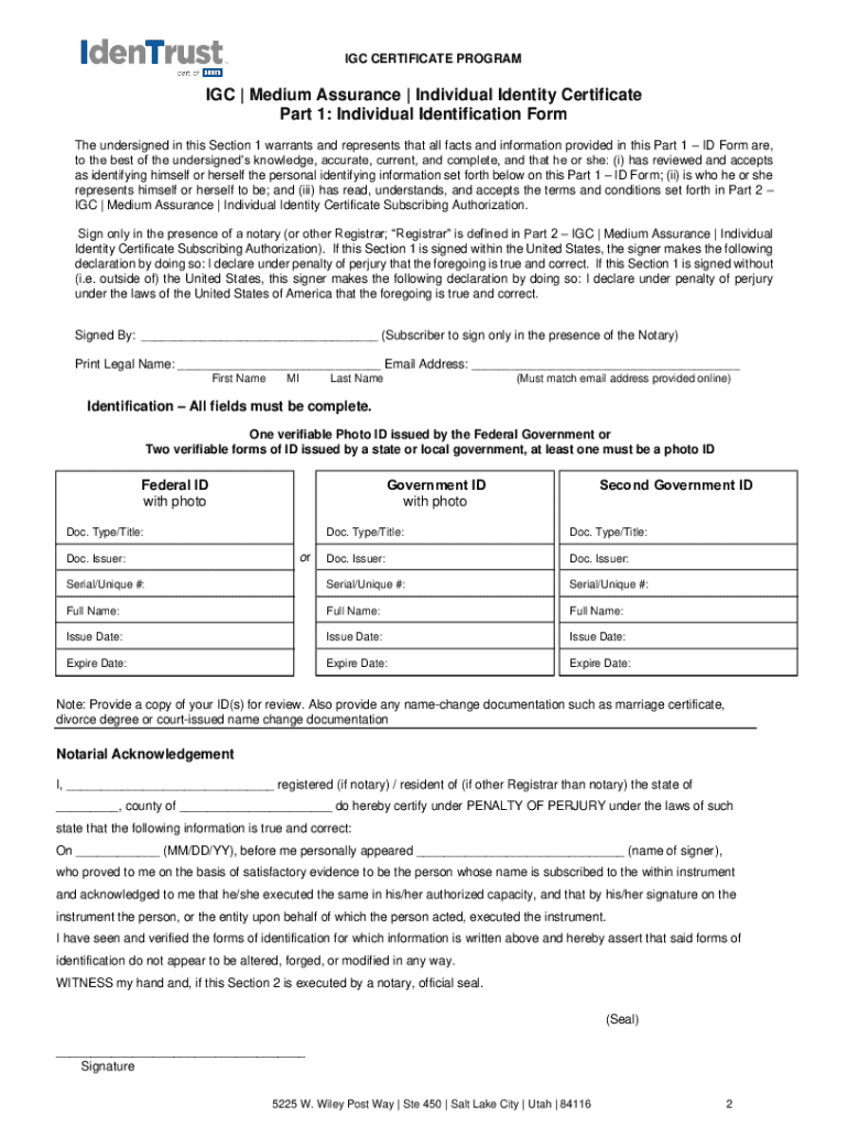 Fillable Online Igc | Medium Assurance | Individual Identity ...