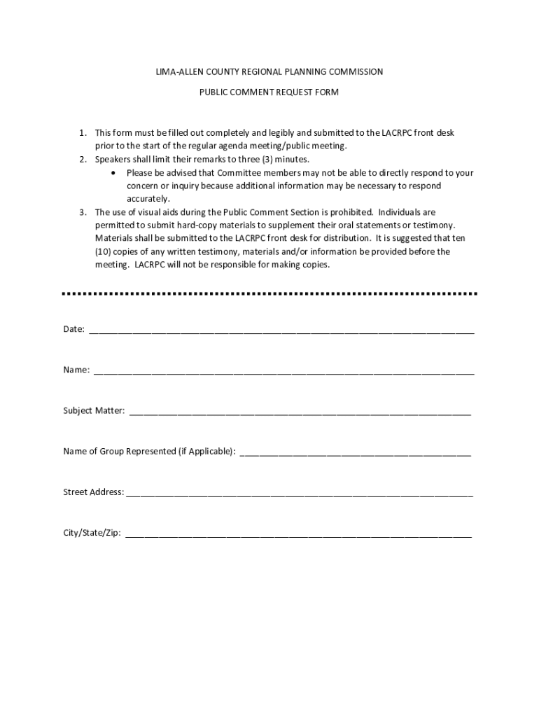 Fillable Online Lima-allen County Regional Planning Commission Public ...