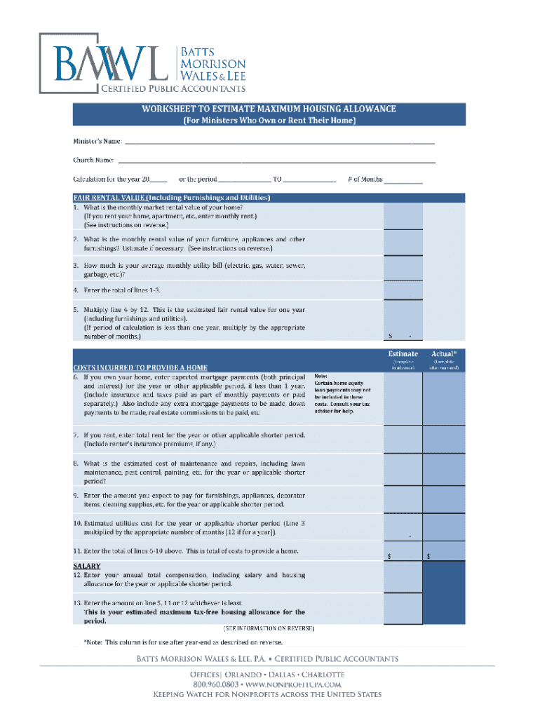 Fillable Online Worksheet to Estimate Maximum Housing Allowance Fax ...