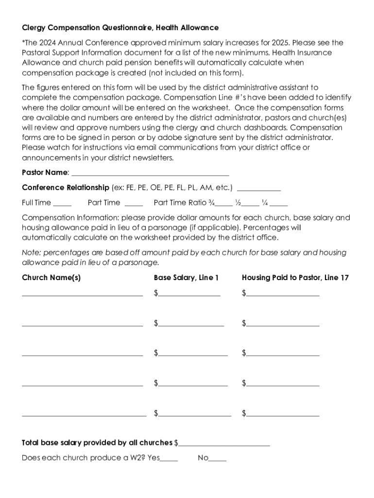 Fillable Online Clergy Compensation Questionnaire, Health Allowance Fax ...
