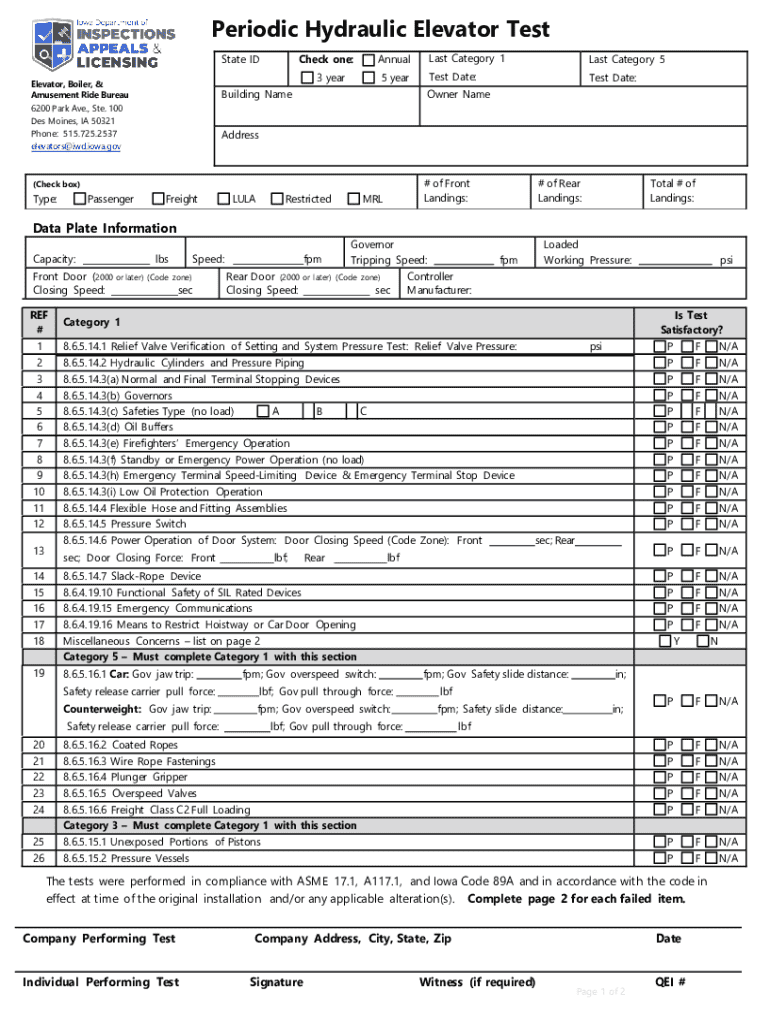 Fillable Online Periodic Hydraulic Elevator Test Fax Email Print ...