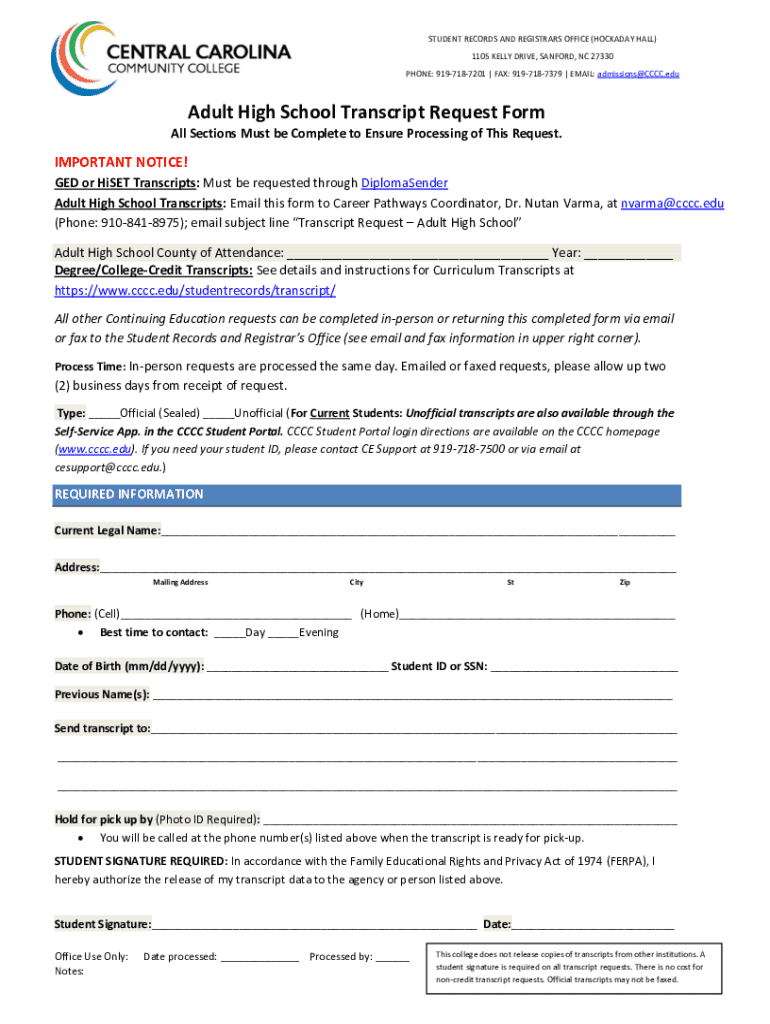 Fillable Online Adult High School Transcript Request Fax Email Print ...