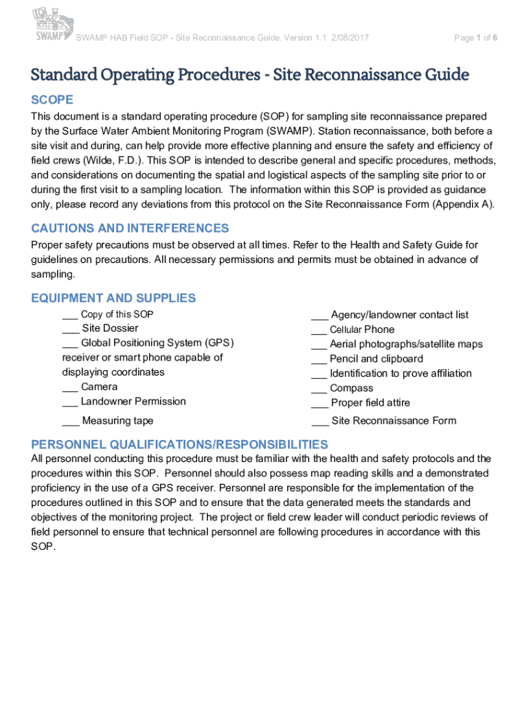 Fillable Online Standard Operating Procedures - Site Reconnaissance ...