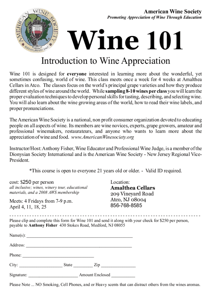 Fillable Online Wine 101: Introduction to Wine Appreciation Fax Email Print - pdfFiller