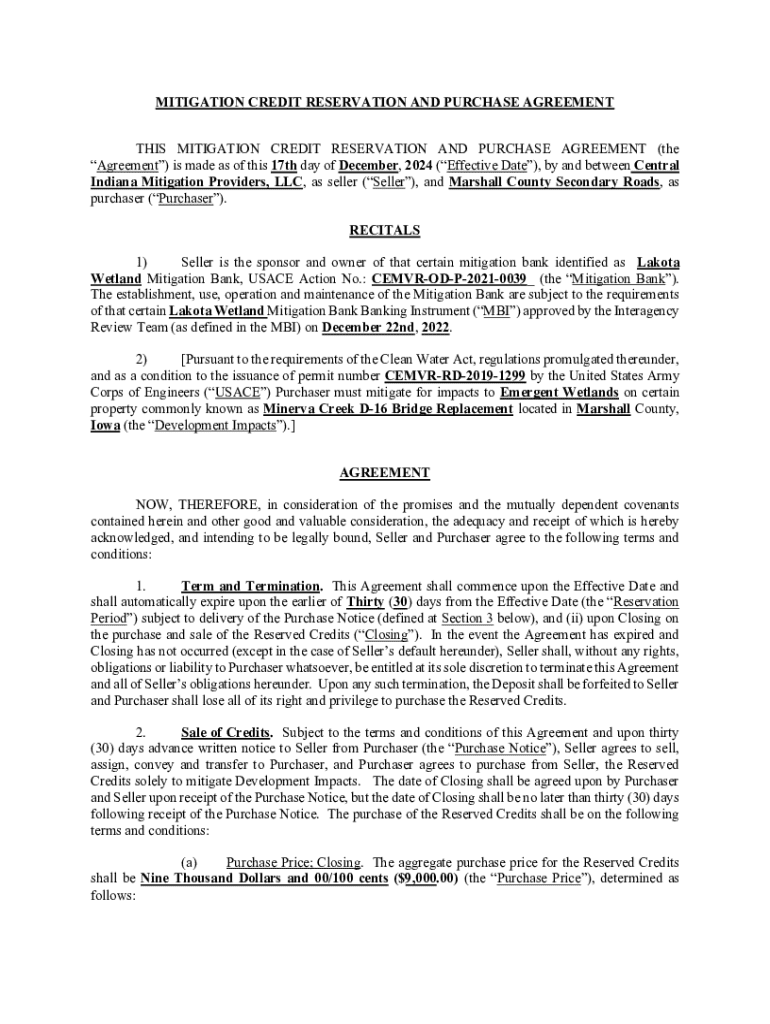 Fillable Online Mitigation Credit Reservation and Purchase Agreement ...