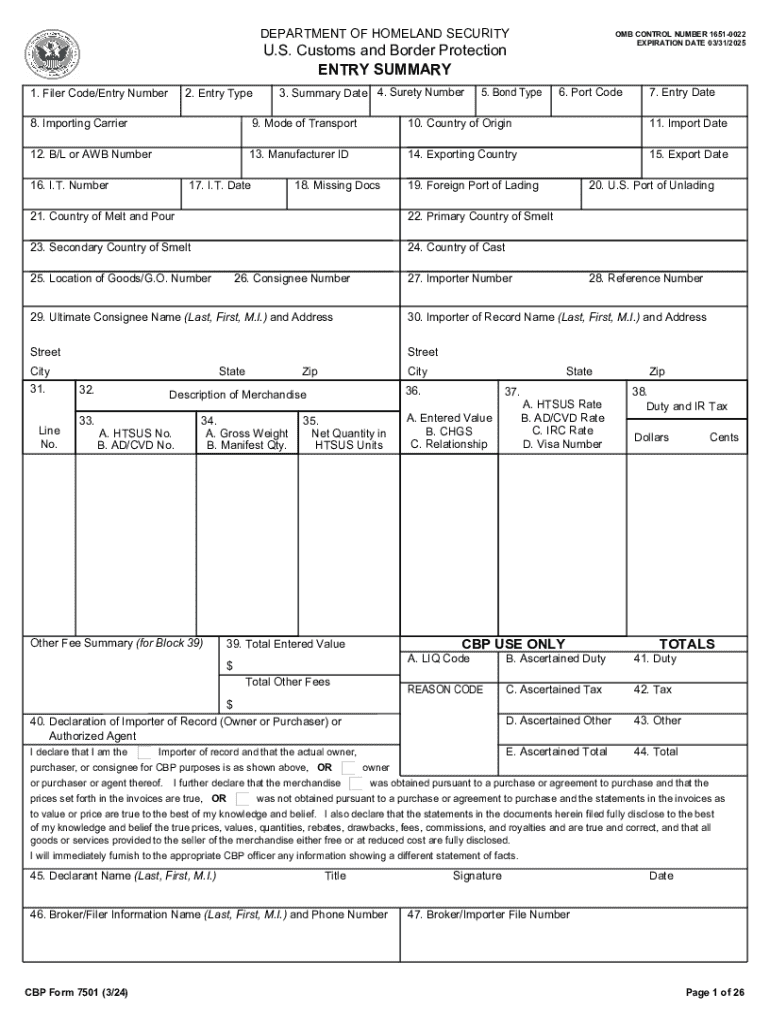 Fillable Online Entry Summary Fax Email Print - pdfFiller