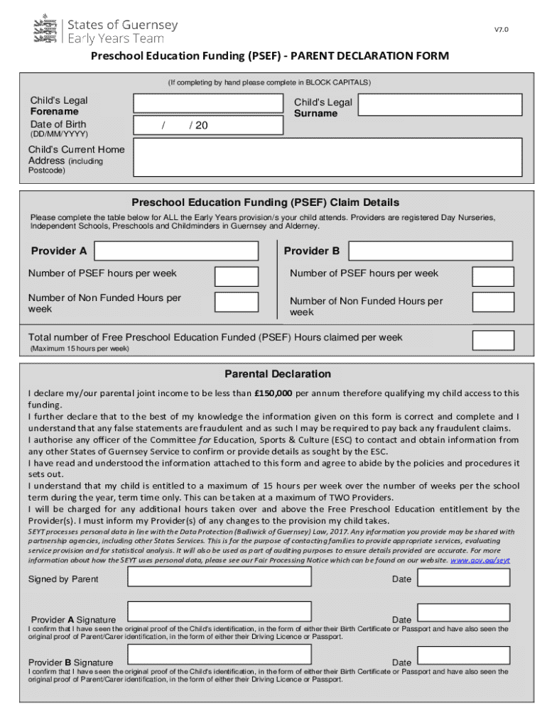 Fillable Online Preschool Education Funding (psef) - Parent Declaration ...