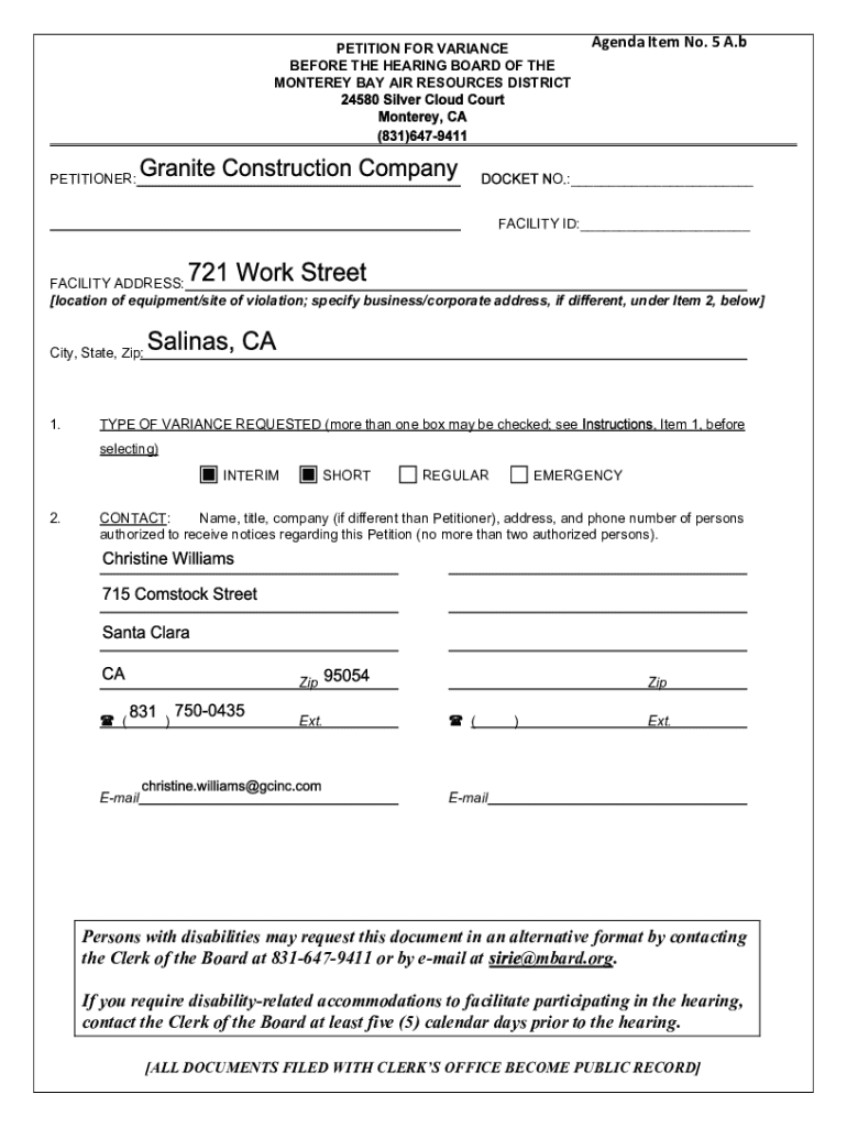 Fillable Online Petition for Variance Before the Hearing Board of the ...