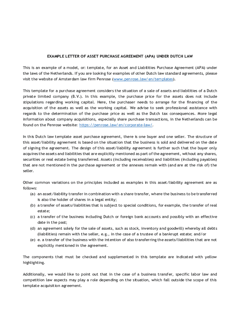 Fillable Online EXAMPLE LETTER OF ASSET PURCHASE AGREEMENT (APA) UNDER ...