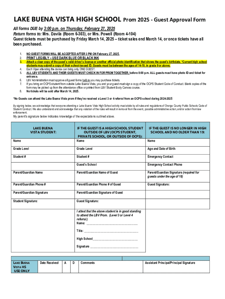 Fillable Online Lake Buena Vista High School Prom 2025 Guest Approval ...