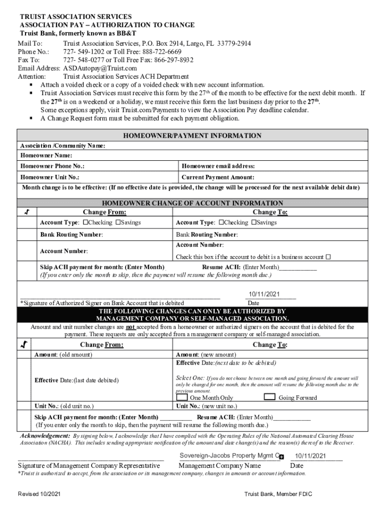 Fillable Online Truist Association Services - Association Pay ...