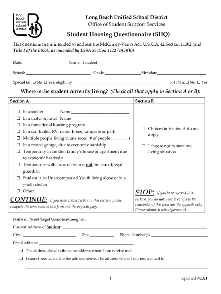 Fillable Online Long Beach Unified School District Student Housing ...
