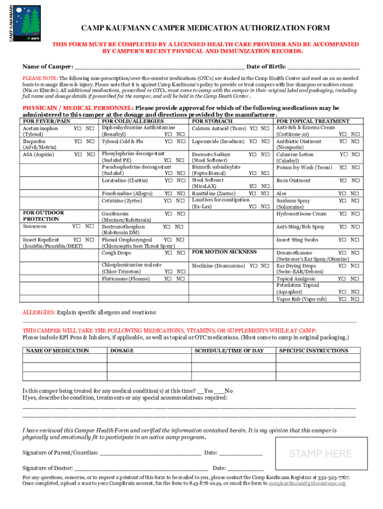 Fillable Online Camp Kaufmann Camper Medication Authorization Form Fax ...