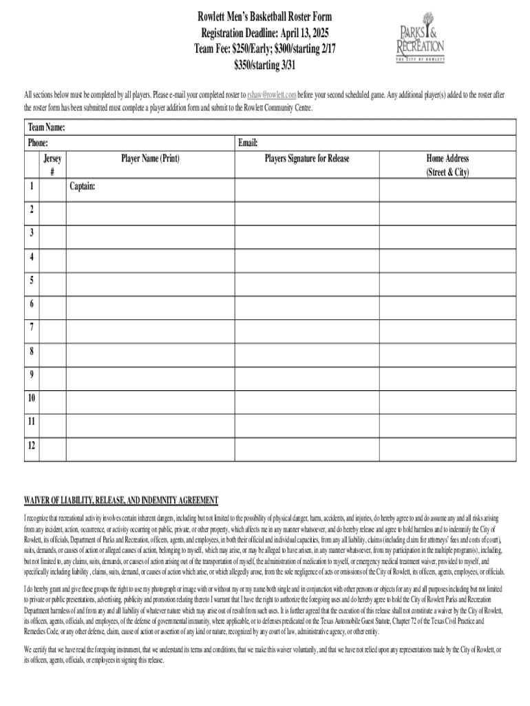 Fillable Online Rowlett Men's Basketball Roster Fax Email Print - pdfFiller