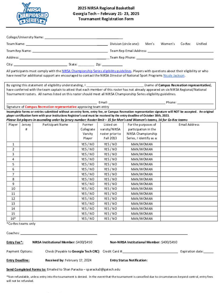Fillable Online 2025 Nirsa Regional Basketball Tournament Registration Fax Email Print - pdfFiller