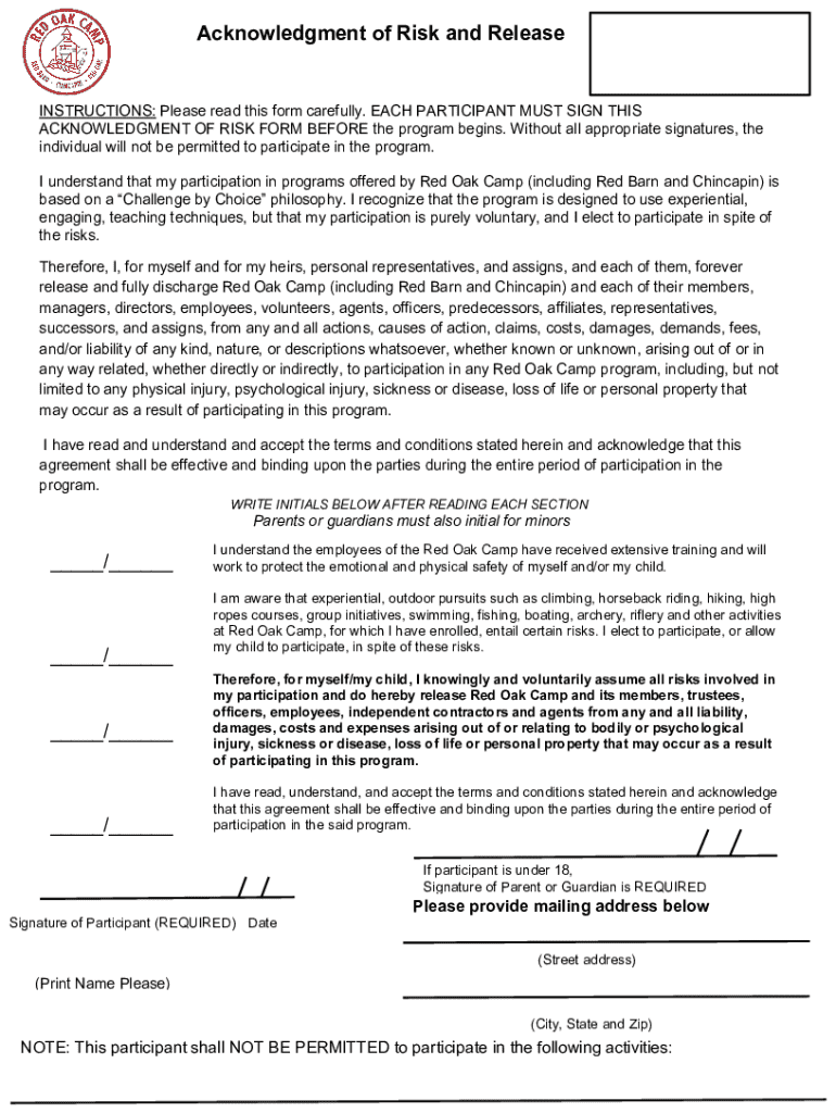 Fillable Online Acknowledgment of Risk and Release Form Fax Email Print ...
