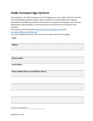 Fillable Online Public Comment Sign up for City Council Meetings Fax ...