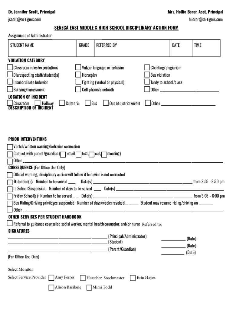 Fillable Online Seneca East Middle & High School Disciplinary Action Form Fax Email Print ...