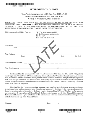 Fillable Online Settlement Claim Form for ‘k.v.’ V. Ackercamps.com Llc Fax Email Print - pdfFiller