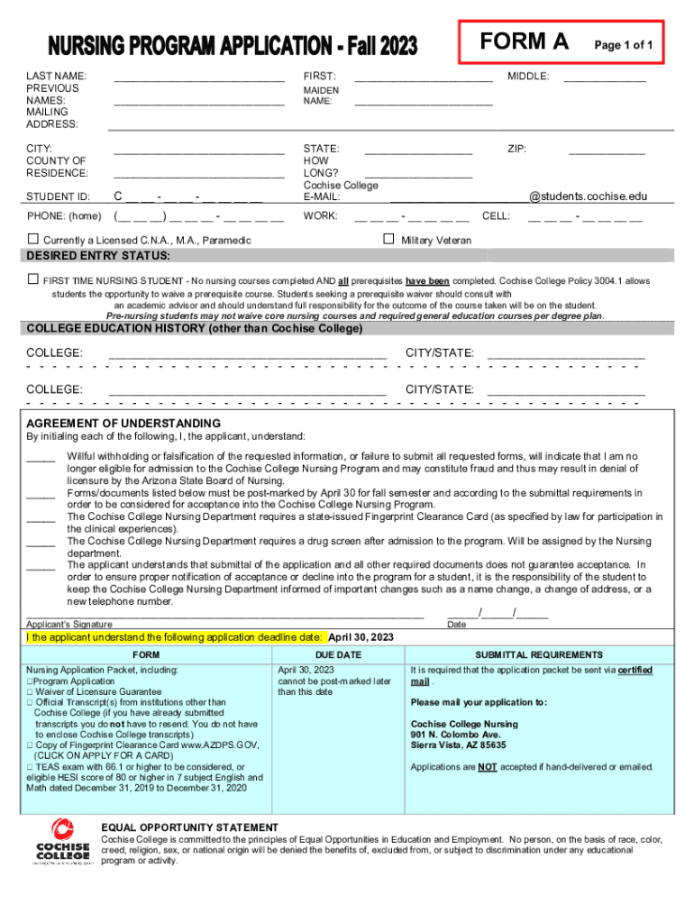 Fillable Online Cochise College Nursing Program Application Fax Email Print - pdfFiller