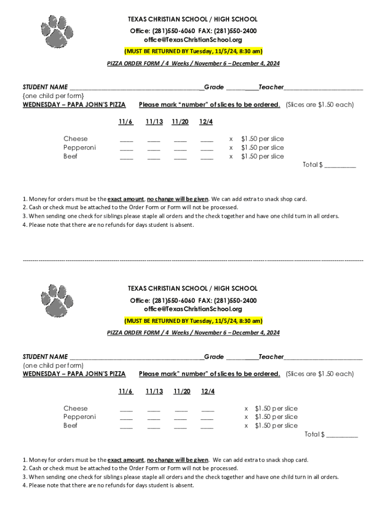 Fillable Online Texas Christian School Pizza Order Form Fax Email Print ...