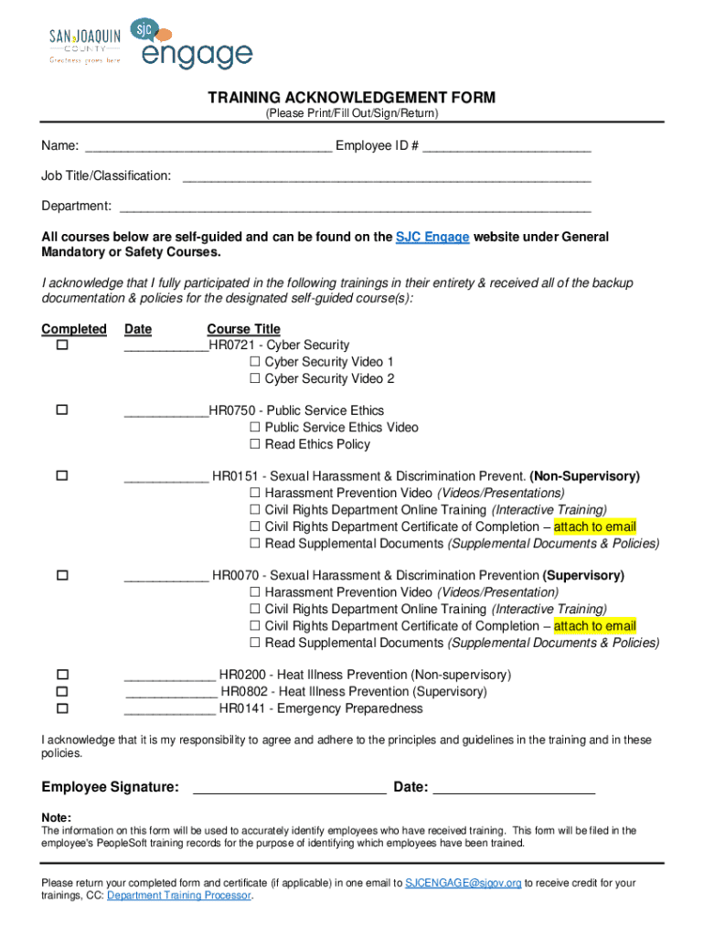 Fillable Online Training Acknowledgement Form Fax Email Print - pdfFiller