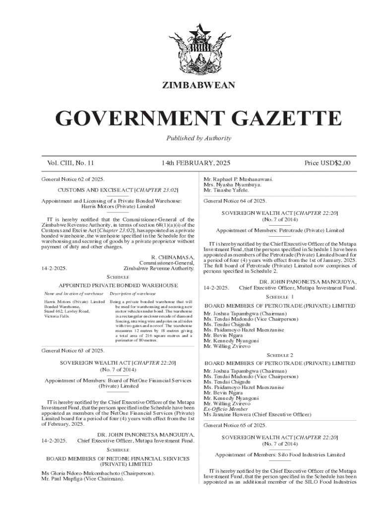 Fillable Online Zimbabwean Government Gazette, 14th February, 2025 Fax ...