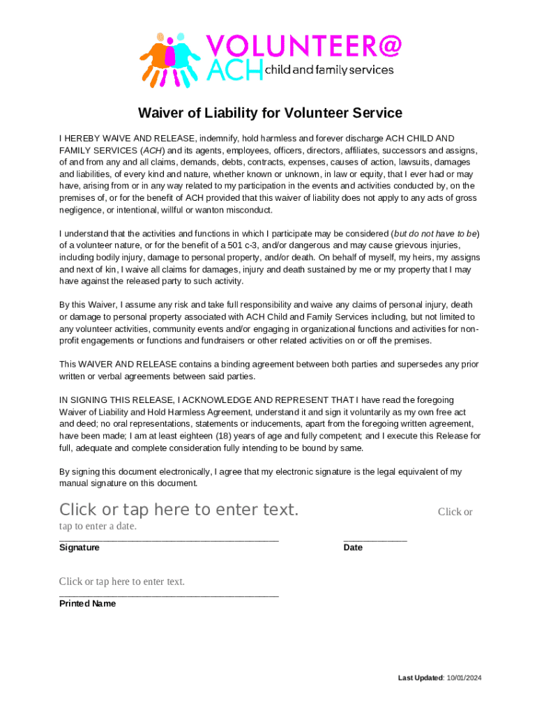 I HEREBY WAIVE AND RELEASE, indemnify, hold harmless and forever discharge ACH CHILD AND FAMILY ...