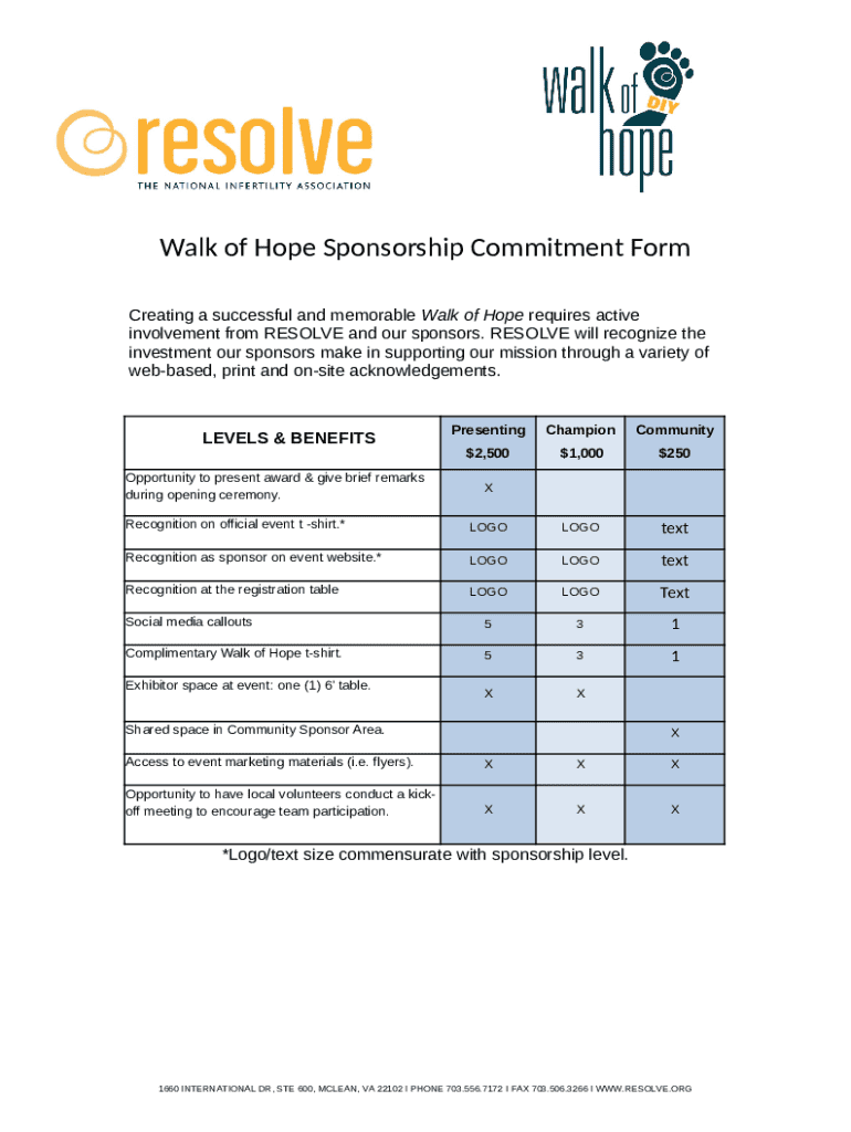 Walk of Hope Sponsorship Commitment Doc Template | pdfFiller