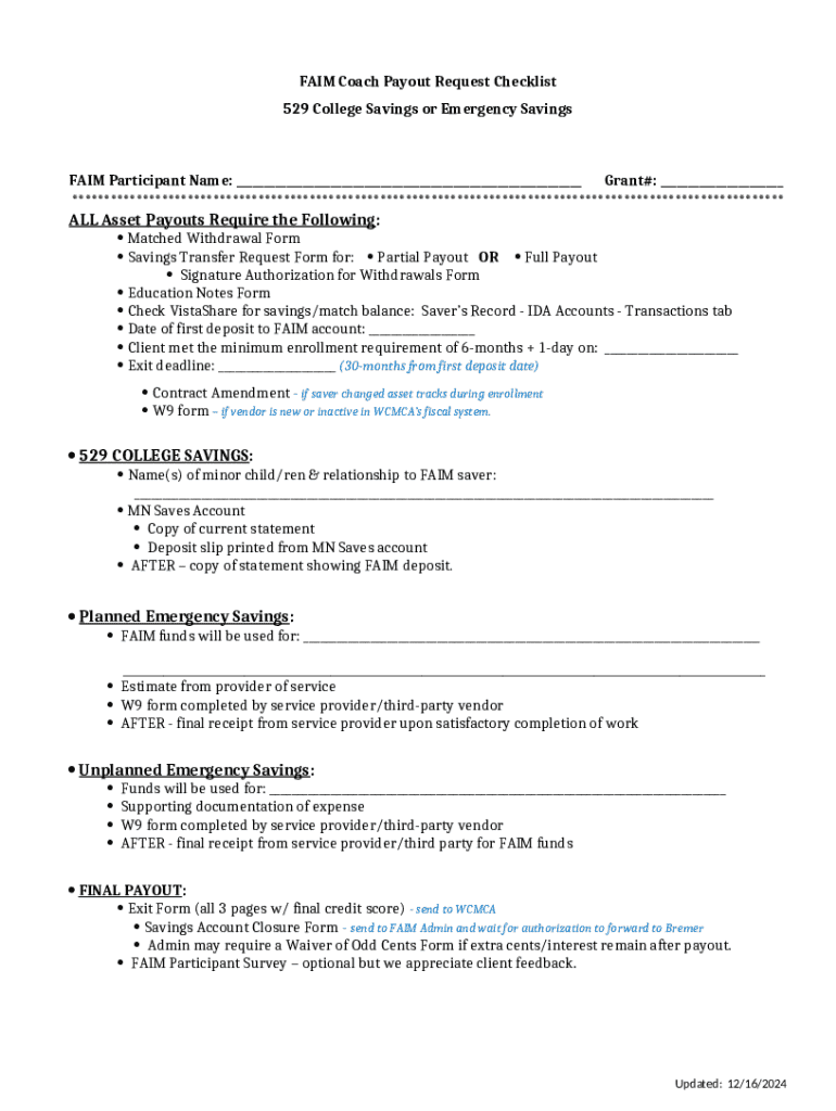 Faim Coach Payout Request Checklist Doc Template | pdfFiller
