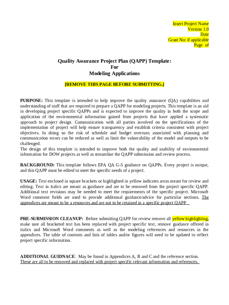 Quality Assurance Project Plan (qapp) Template Doc Template | pdfFiller