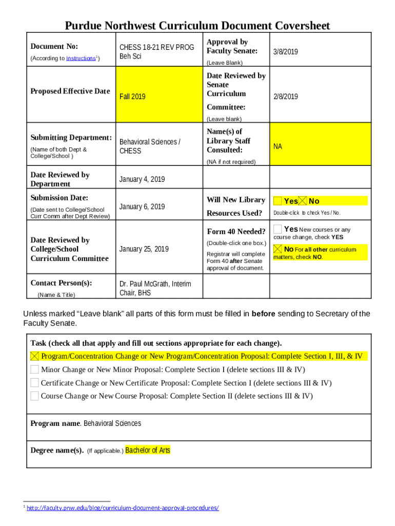 Purdue Northwest Curriculum Document Coversheet Doc Template | pdfFiller