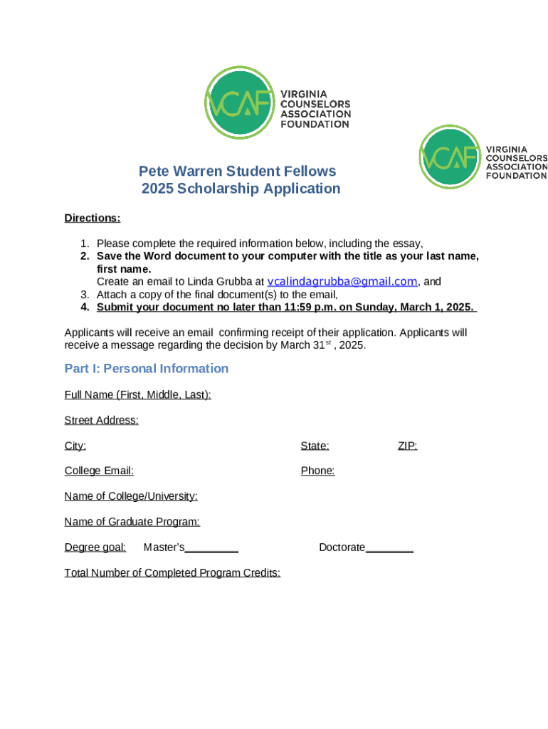 Pete Warren Student Fellows 2025 Scholarship Application Doc Template | pdfFiller