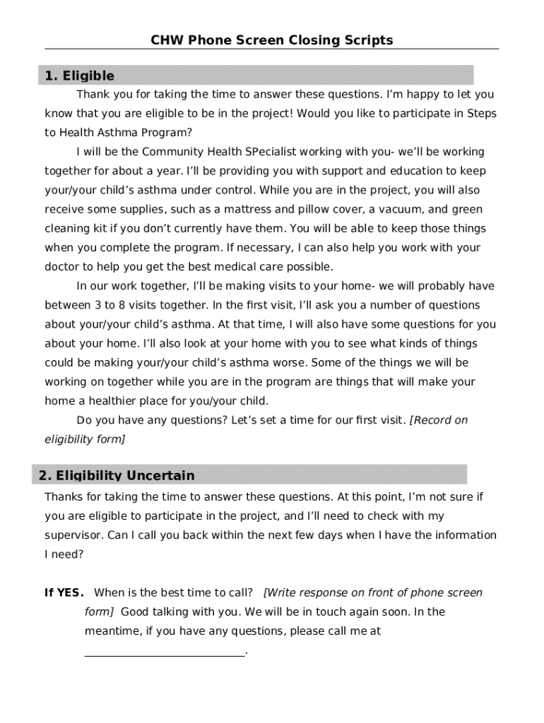 Chw Phone Screen Closing Scripts Doc Template | pdfFiller