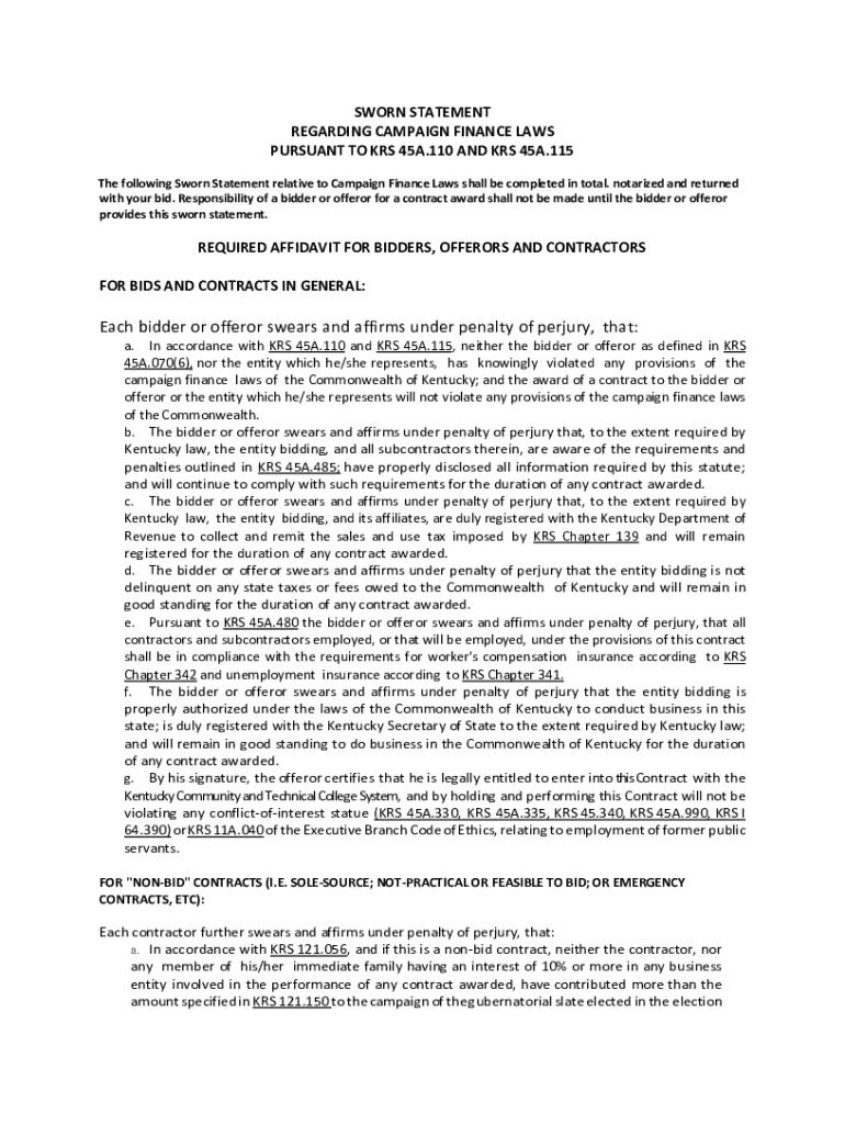 Fillable Online Sworn Statement Pursuant to Krs 45a.110 and Krs 45a.115 ...