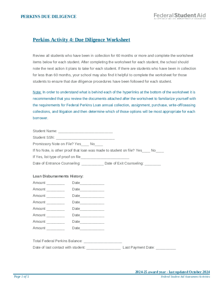 Perkins Activity 4: Due Diligence Worksheet Doc Template | pdfFiller
