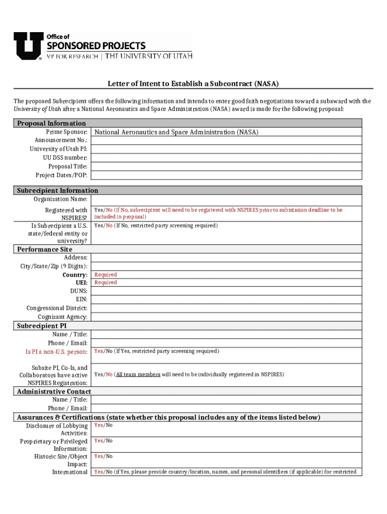 Letter of Intent to Establish a Subcontract Doc Template | pdfFiller